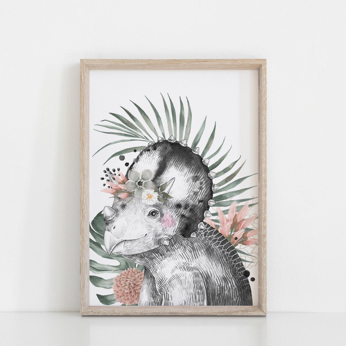 Floral Dinosaur Wall Art Print, Triceratops Kids Bedroom Wall Art, Gir ...